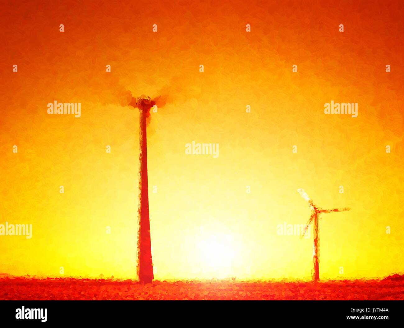 Watercolor paint. Paint effect. Modern Wind Turbines Producing Energy ...