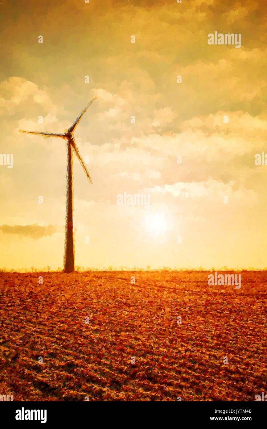 Watercolor paint. Paint effect. Modern Wind Turbines Producing Energy ...