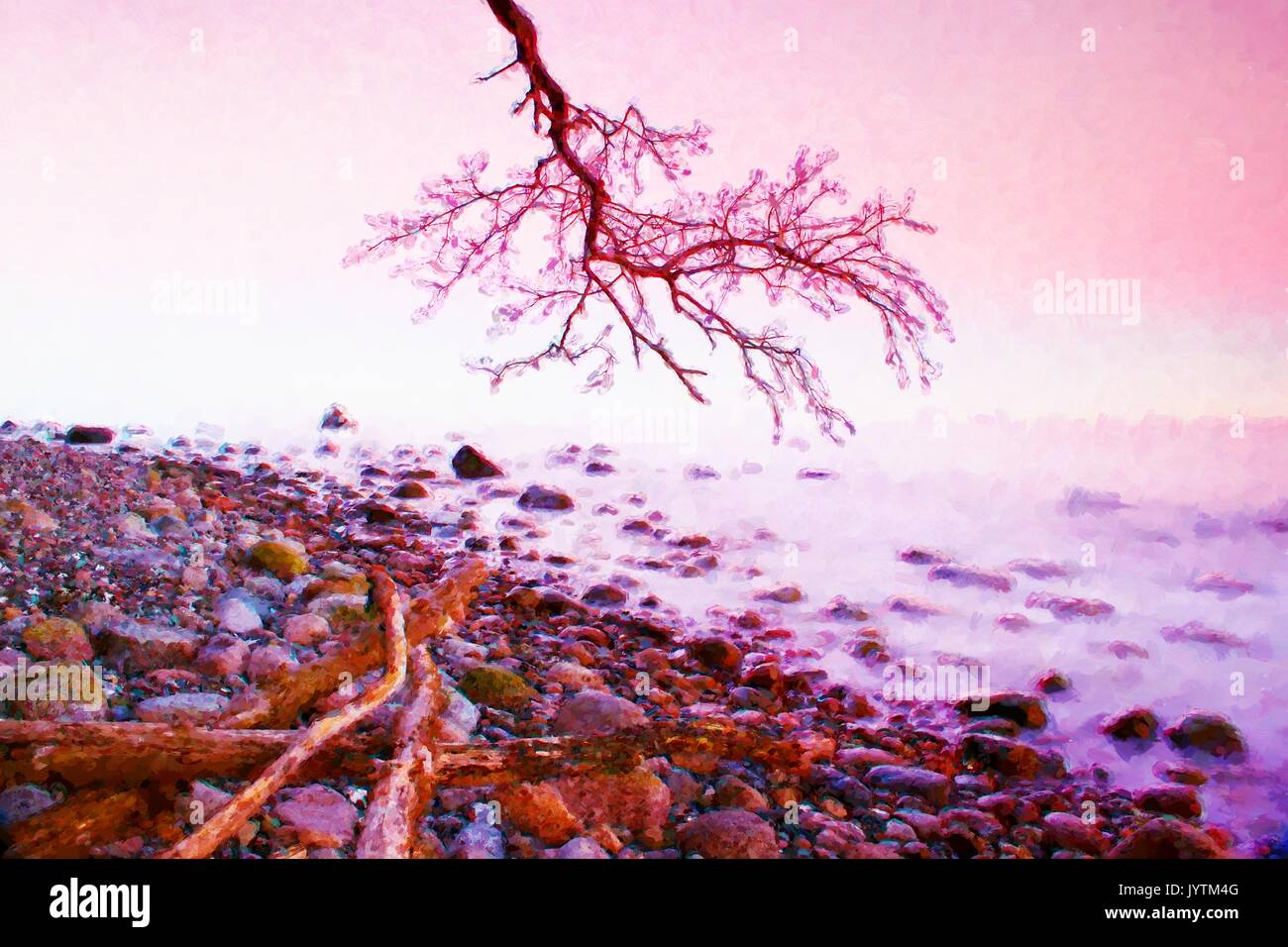 Watercolor paint. Paint effect. Romantic morning. Bended tree above sea ...