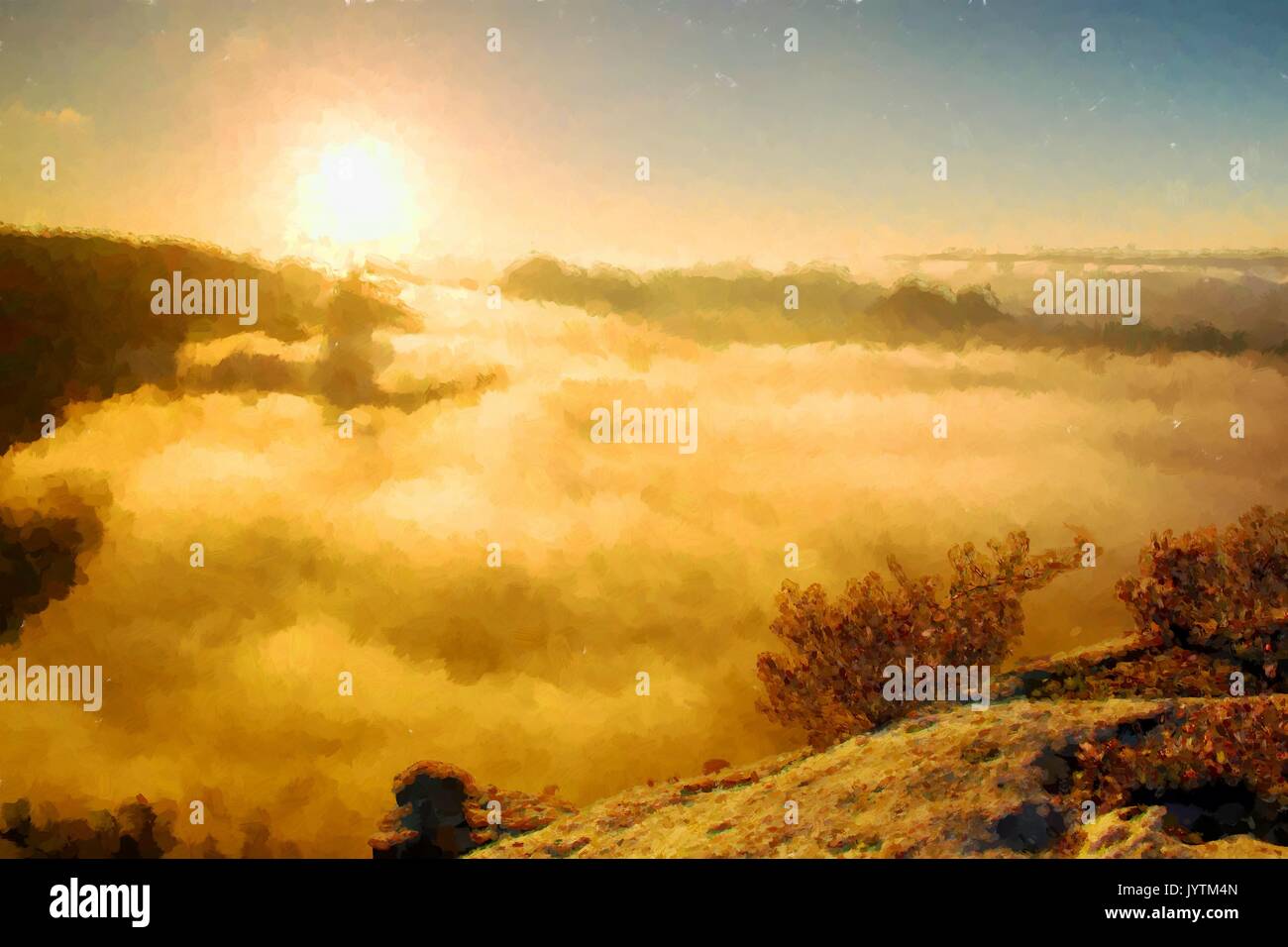 Watercolor paint. Paint effect. Red misty landscape mountains. Dreamy ...