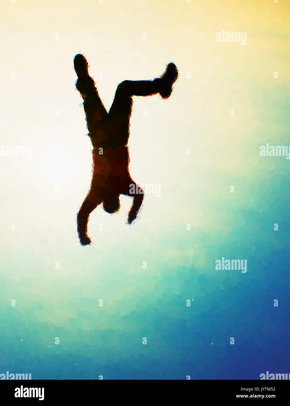 Watercolor paint. Paint effect. Flying man. Young man falling down on ...