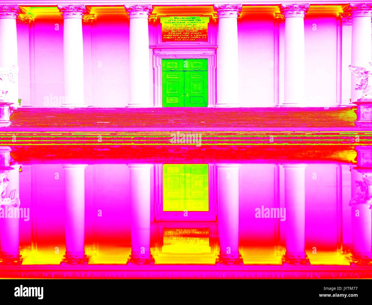 Infrared scan of old museum archway building and outdoor pool water ...