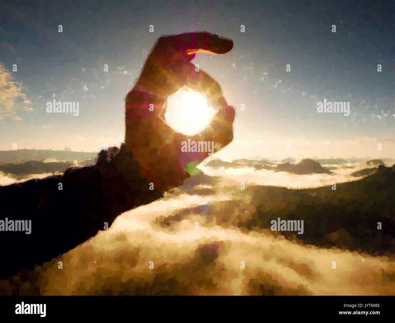 Watercolor paint. Paint effect. Man hand touch to Sun. Circle symbol ...