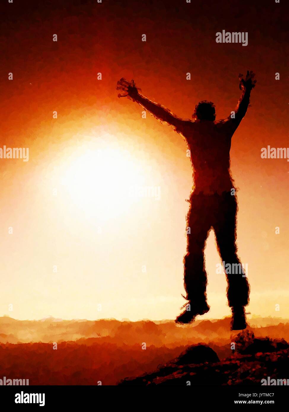 Watercolor paint effect. Jumping man. Young crazy man is jumping on red ...