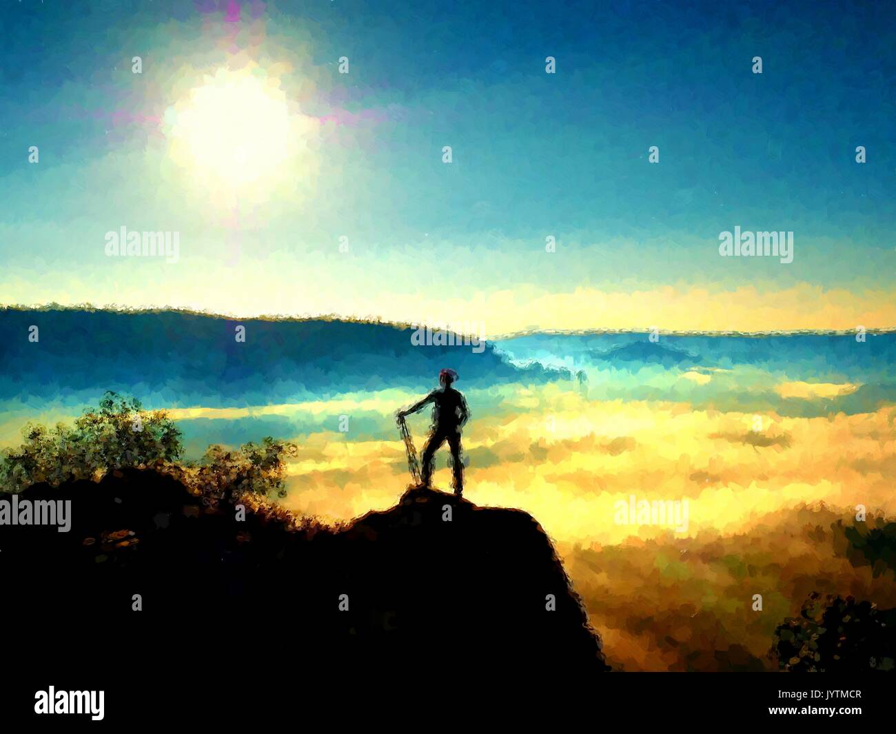 Watercolor paint effect. Tall backpacker with poles in hand. Sunny ...