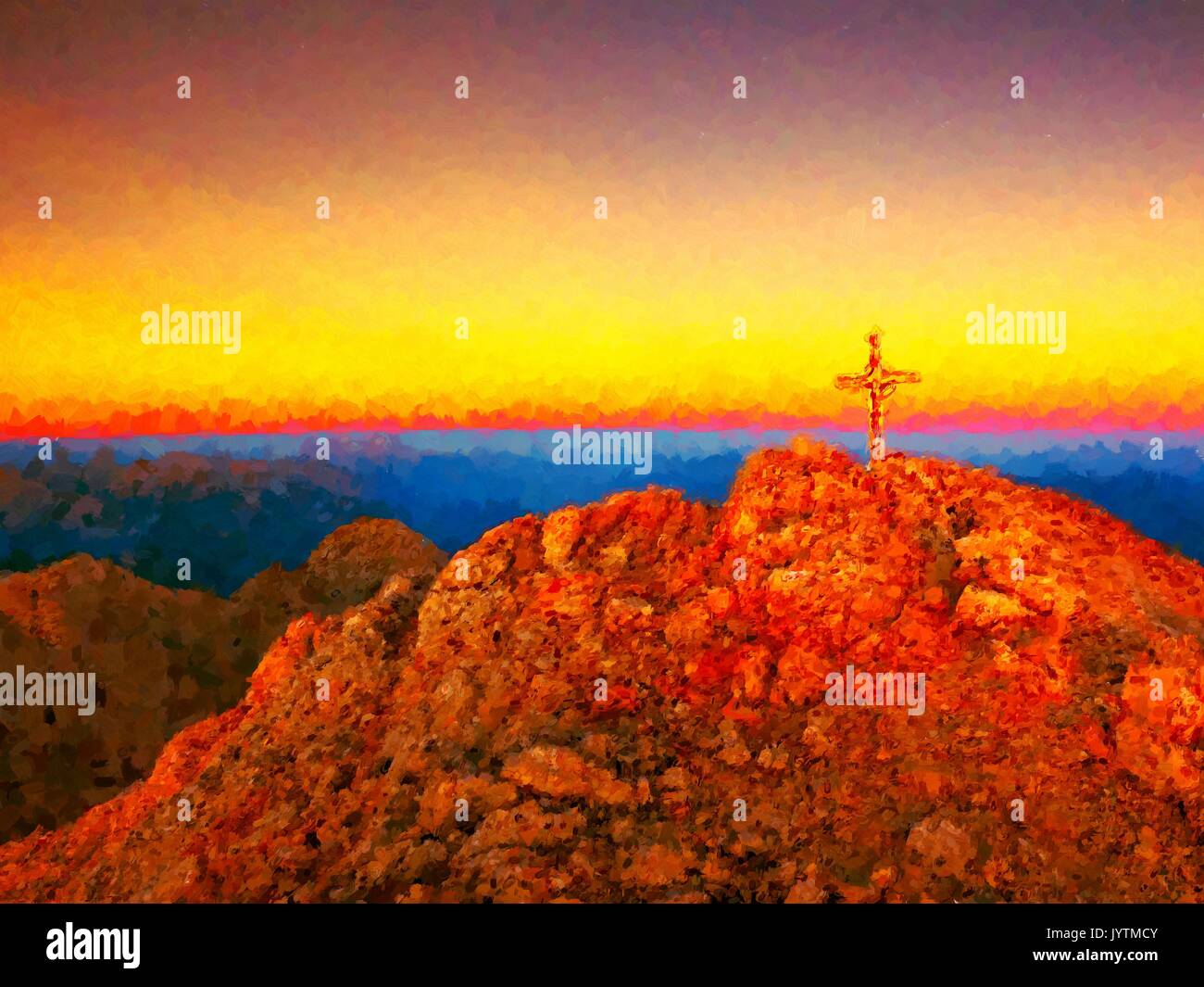 Watercolor paint effect. Steel crucifix at mountain peak in Alps. Sharp ...