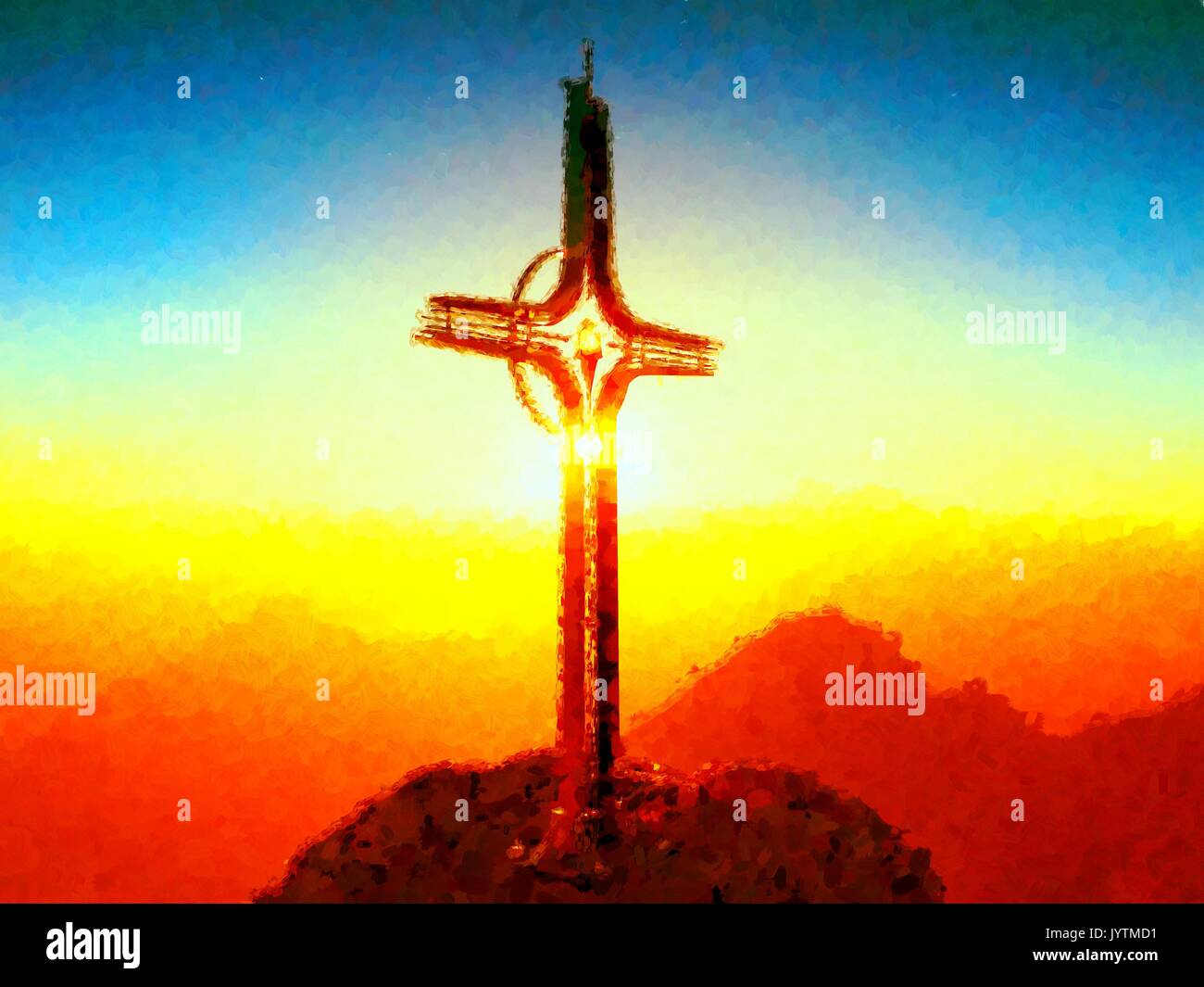 Watercolor paint effect. Steel crucifix at mountain peak in Alps. Sharp ...