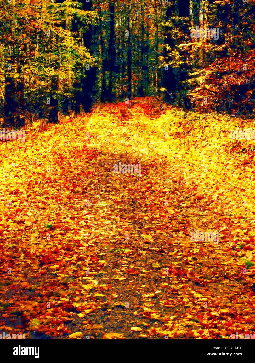 Watercolor paint effect. Path leading among the beech trees in early ...