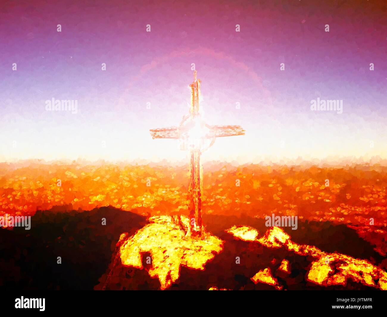 Watercolor paint effect. Steel crucifix at mountain peak in Alps. Sharp ...