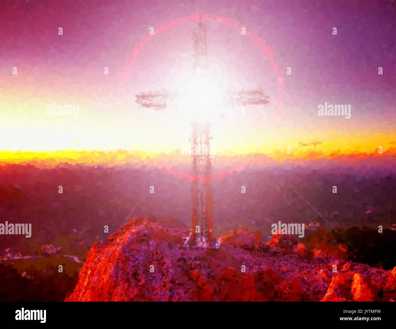 Watercolor paint effect. Steel crucifix at mountain peak in Alps. Sharp ...