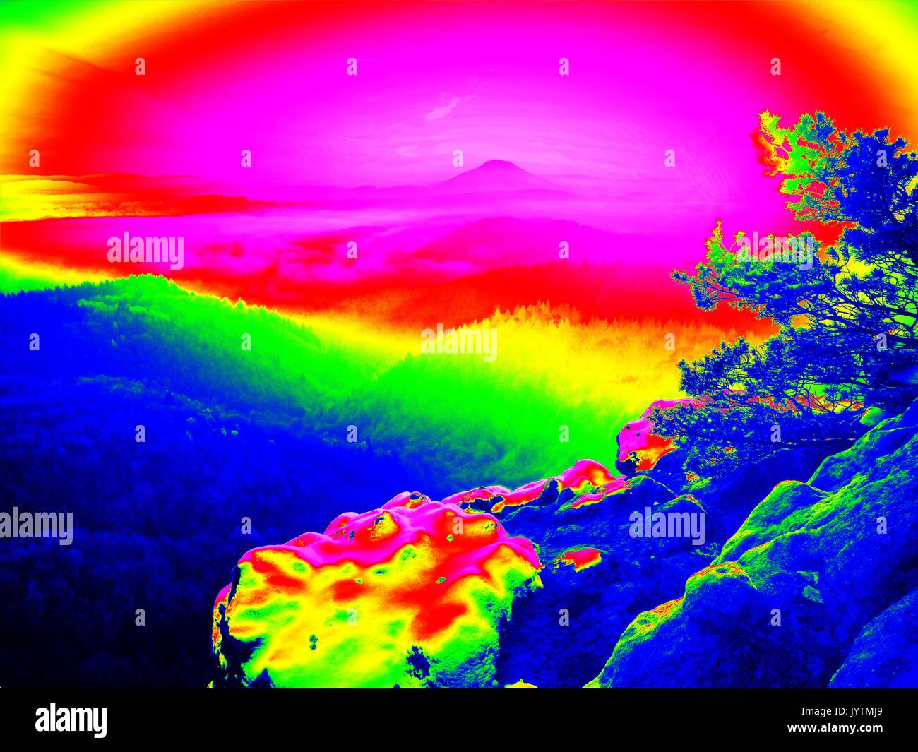 Ultraviolet scan. Infrared photo. Freeze autumnal daybreak, rocks ...