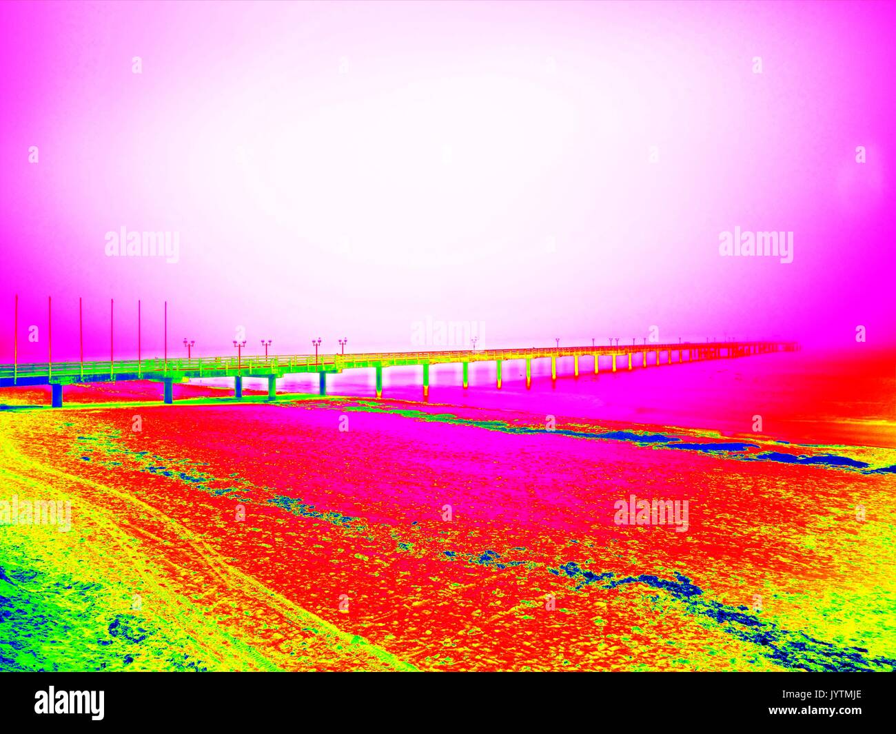 Ultraviolet scan. Infrared photo. Empty wooden mole on blue sea. wharf ...
