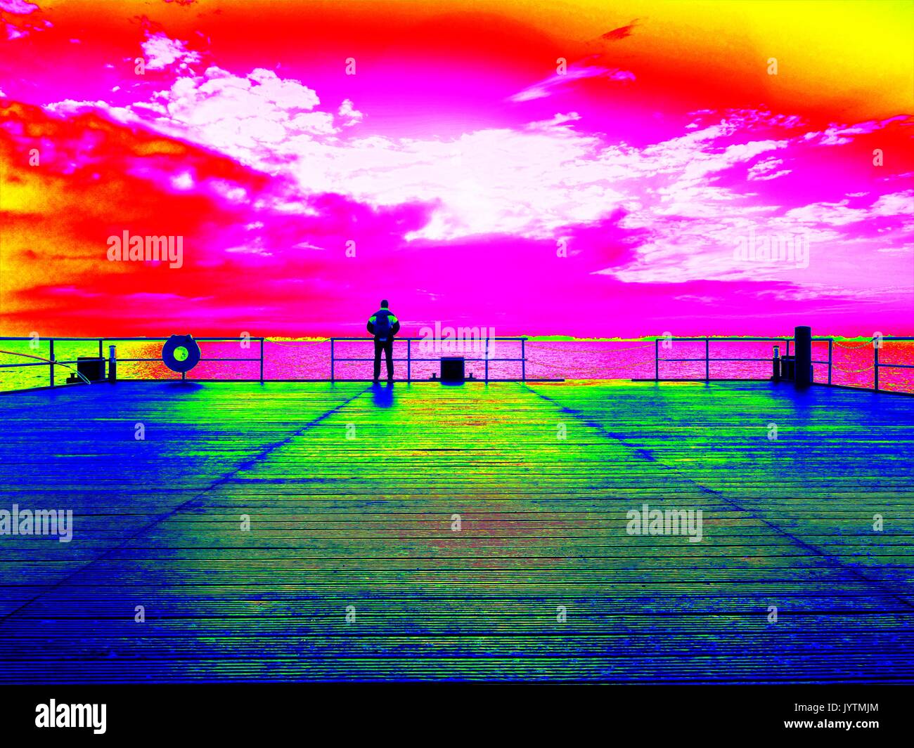 Ultraviolet scan. Infrared photo. Empty wooden mole on blue sea. wharf ...