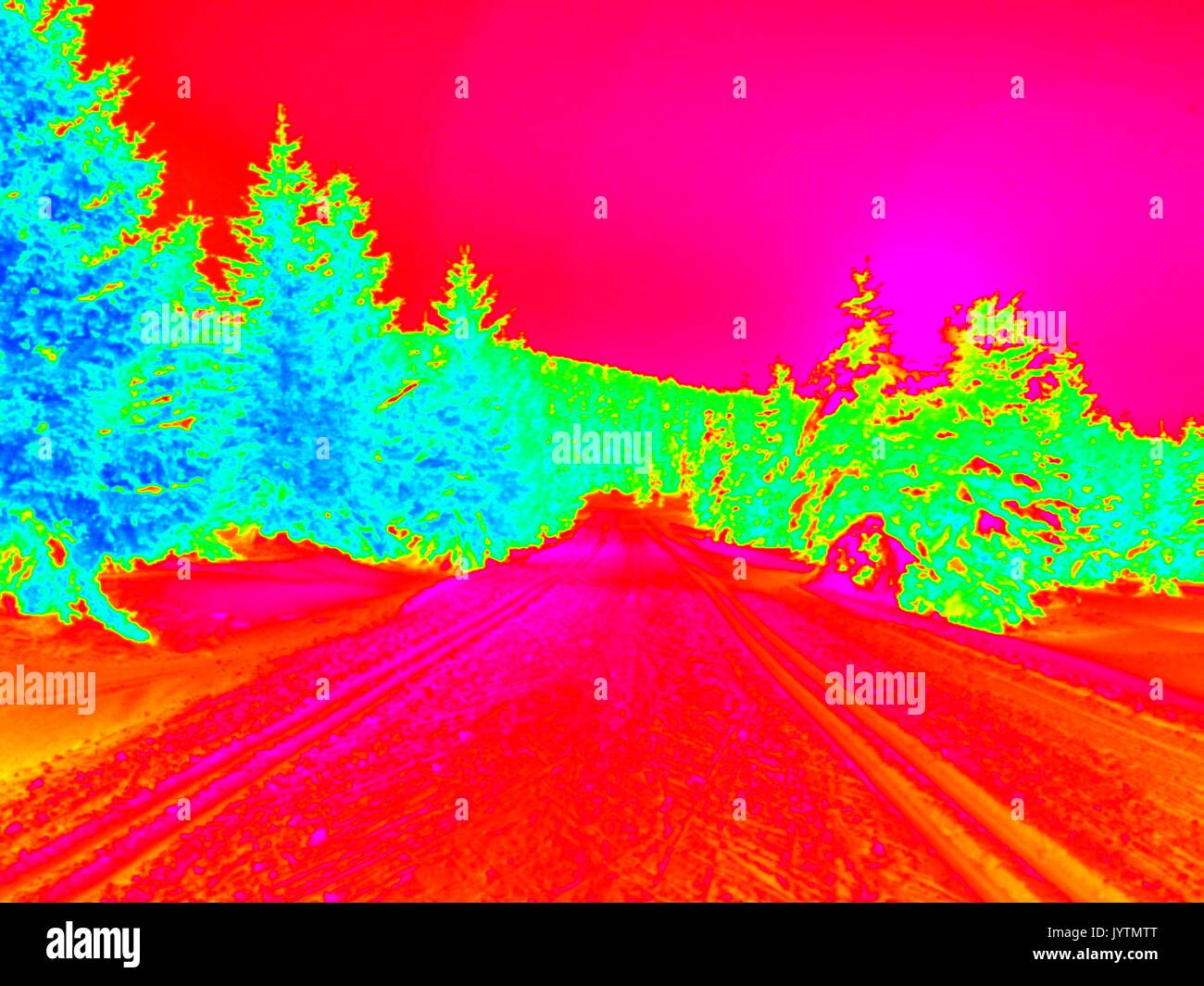 Infrared photo of Alpine winter hilly landscape. Sunny weather with ...