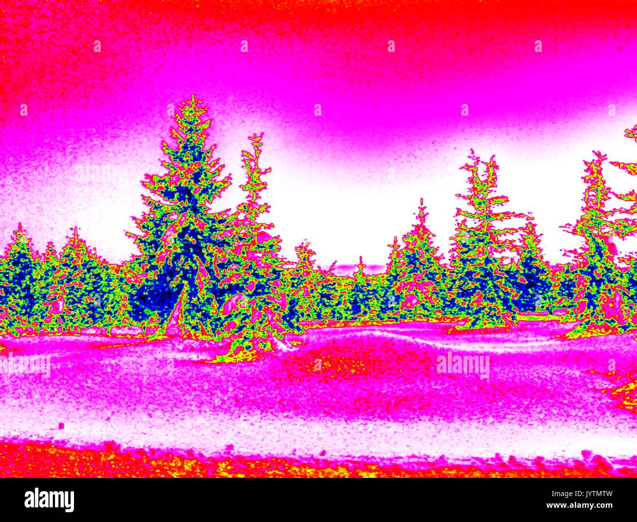 Infrared photo of Alpine winter hilly landscape. Sunny weather with ...