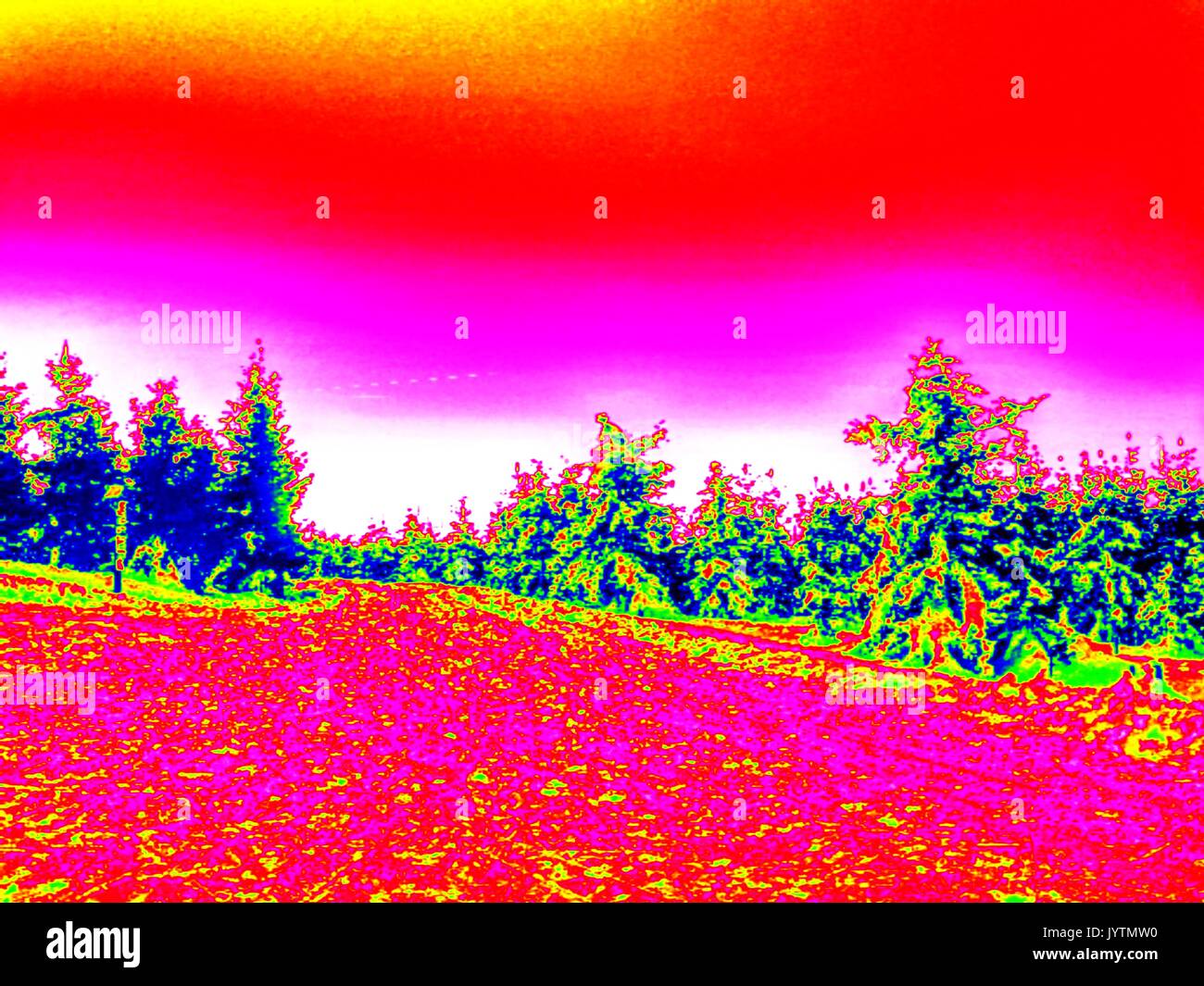 Infrared photo of Alpine winter hilly landscape. Sunny weather with ...