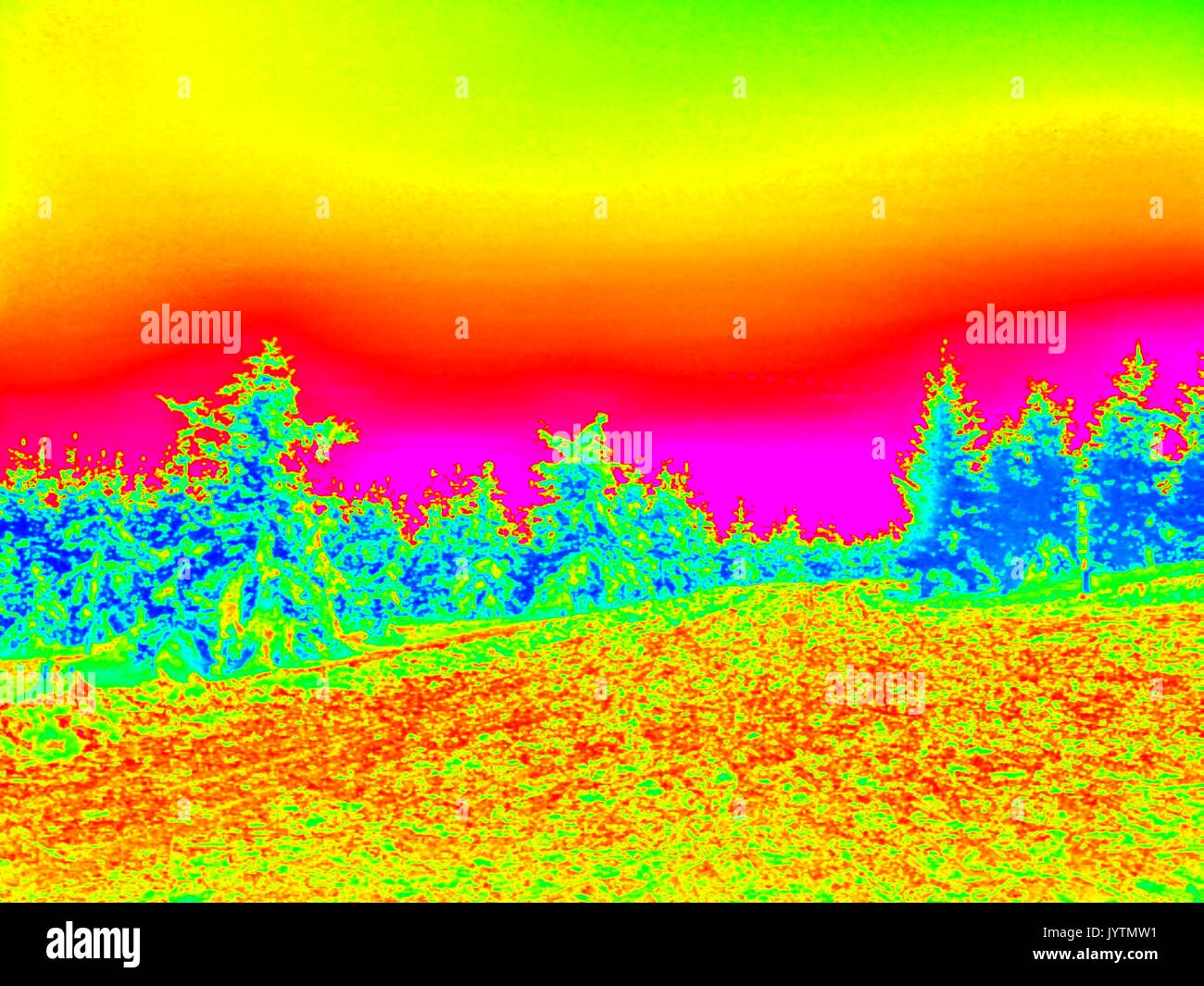 Infrared photo of Alpine winter hilly landscape. Sunny weather with ...