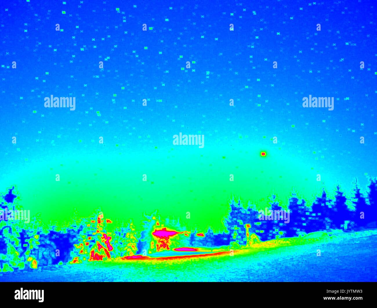 Infrared photo of Alpine winter hilly landscape. Sunny weather with ...