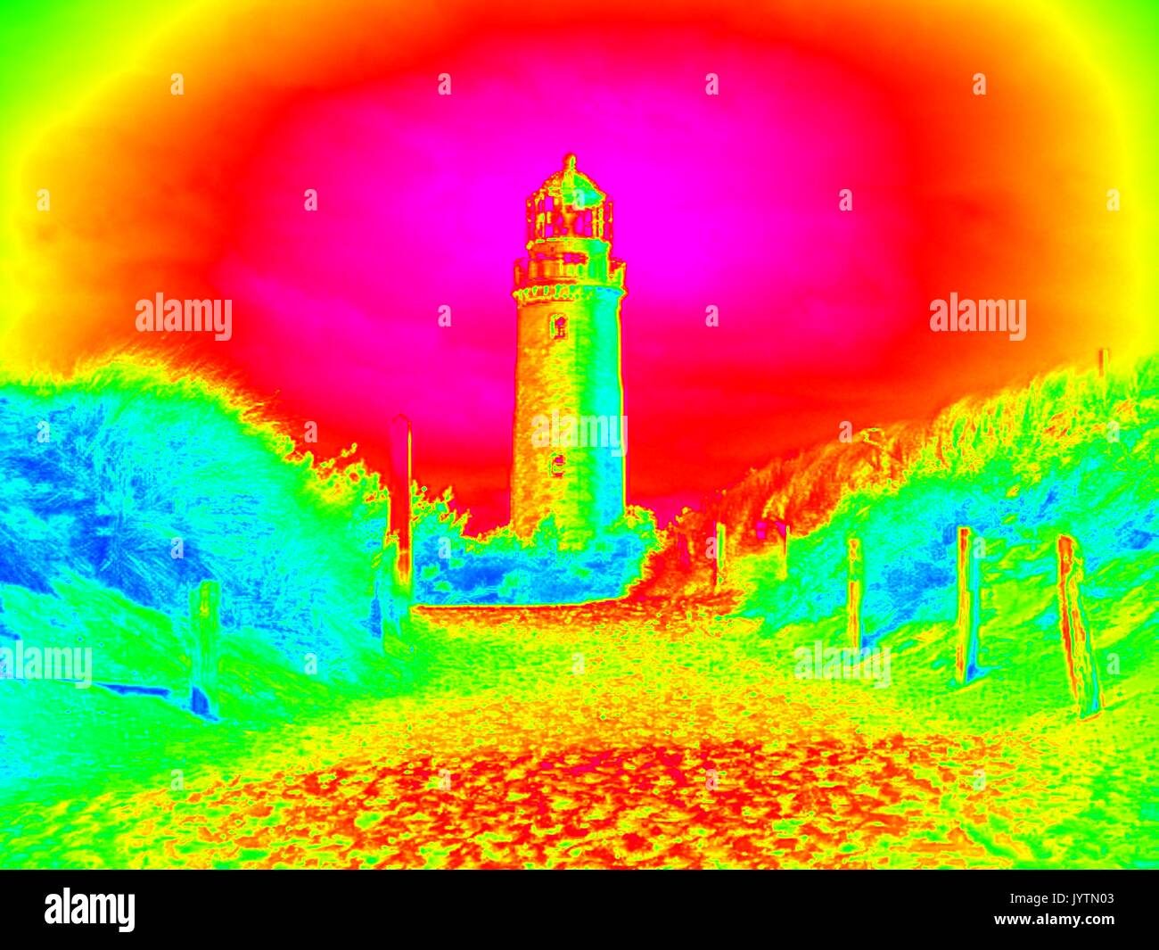 Infra scan, thermography photo. Lighthouse tower above sand dunes by ...