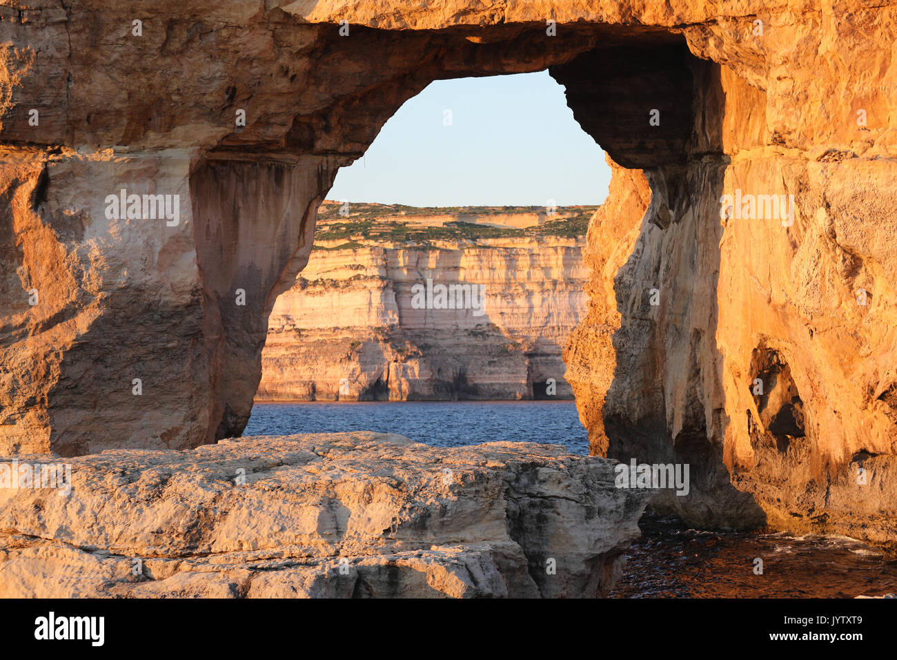 Natural rock arch called The Azure Window, Island of Gozo Stock Photo ...