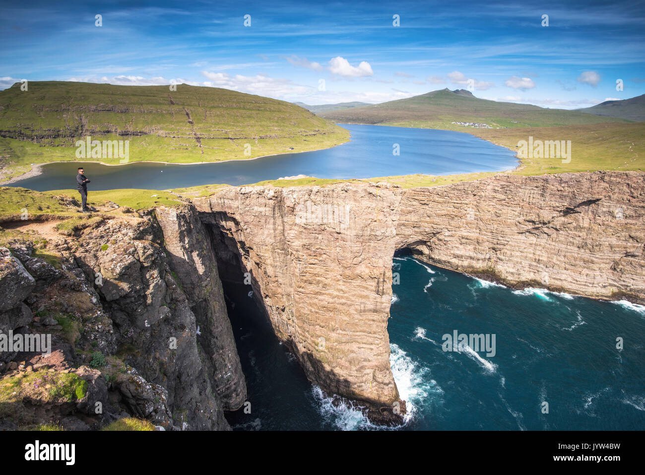 Vagar island, Faroe Islands, Denmark. Leitisvatn lake seen from the ...