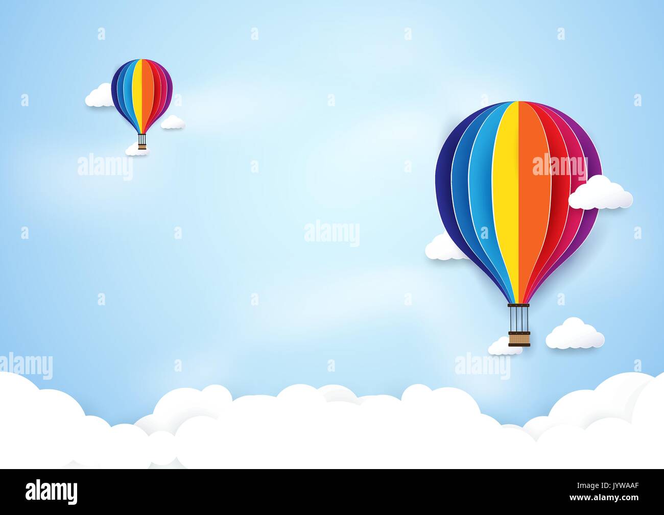 colorful hot air balloons flying on blue sky background. Paper art and ...