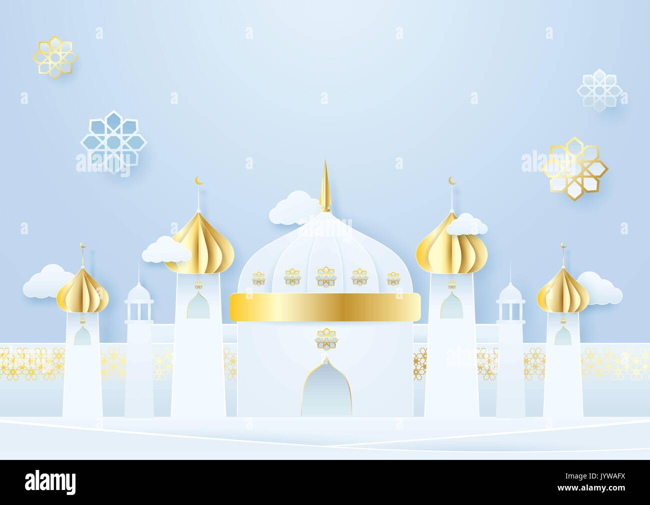 Paper craft Mosque and Islamic decoration Ramadan Kareem concept on ...