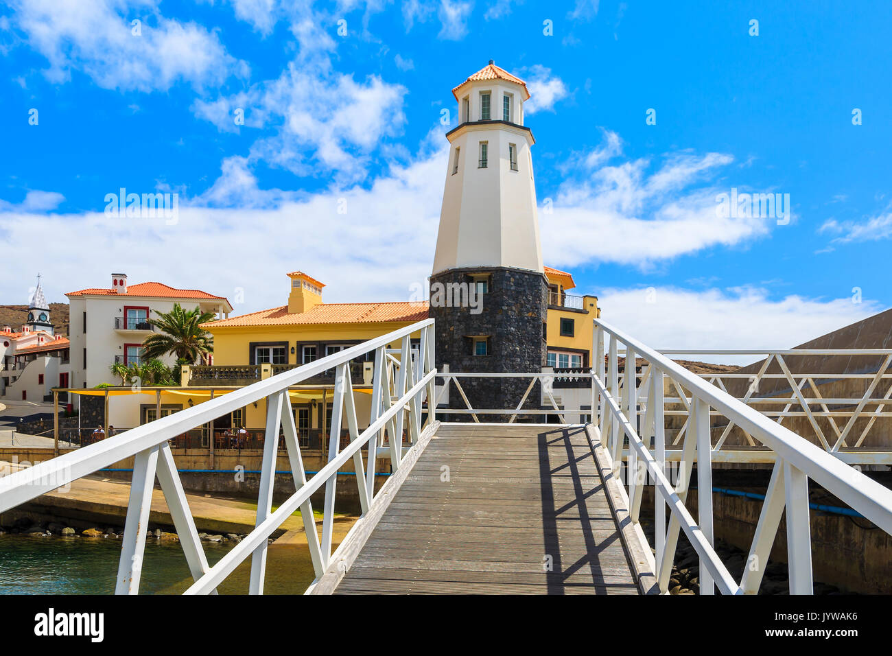 Wooden walkway to lighthouse building in sailing port near Canical town ...