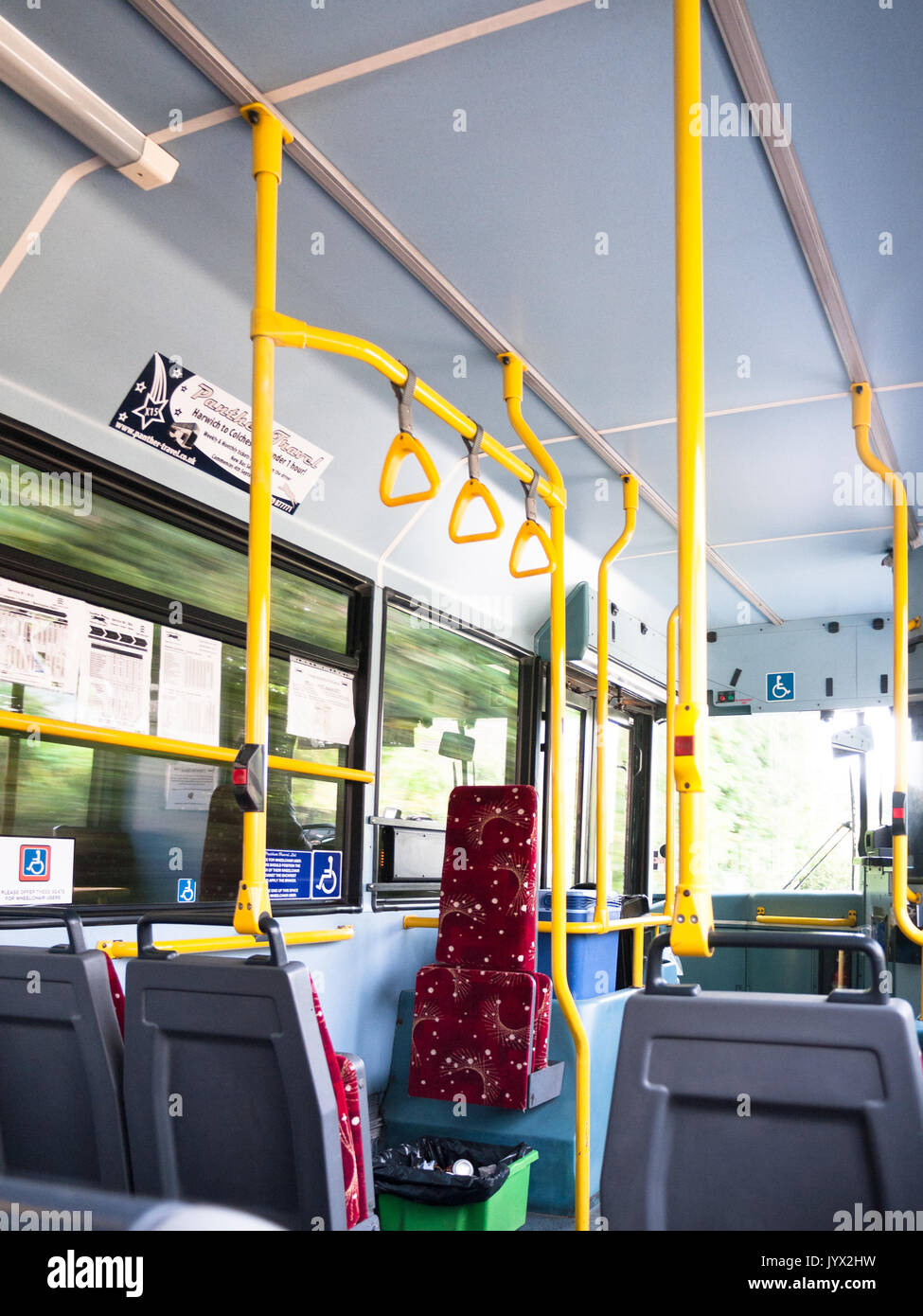 inside of an empty bus moving transport; England; UK Stock Photo - Alamy