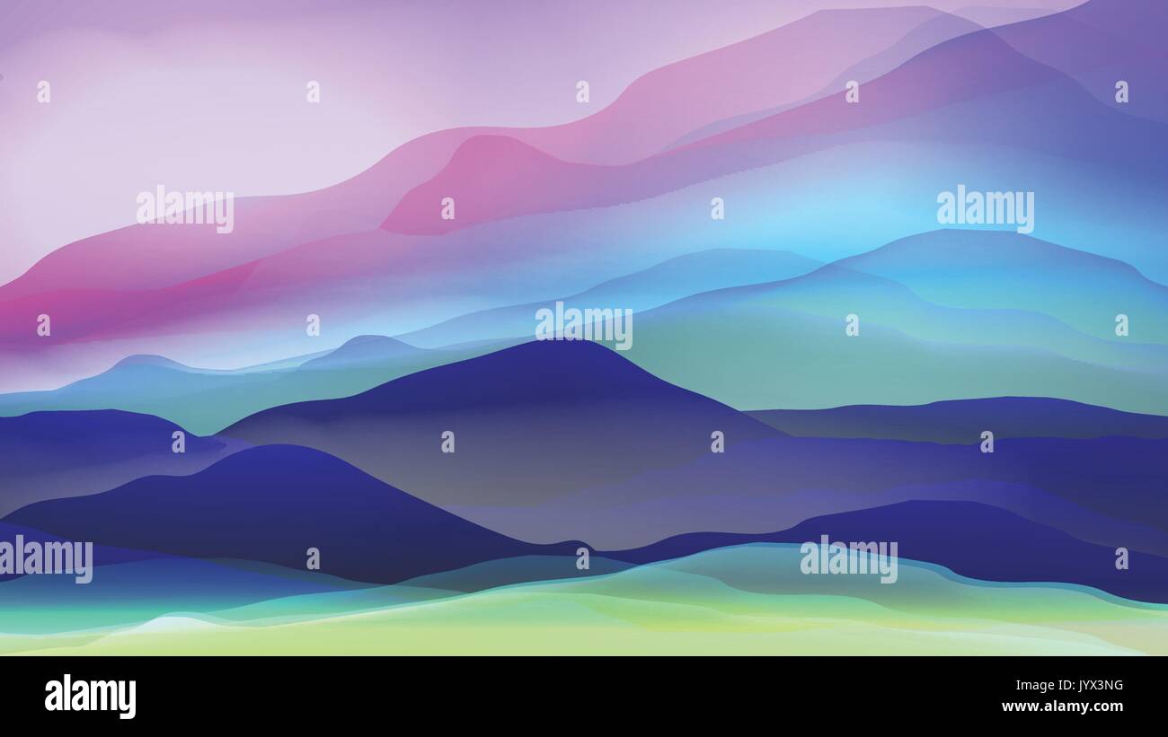 Sunset or Dawn Over Silk Mountains Landscape - Vector Illustration ...