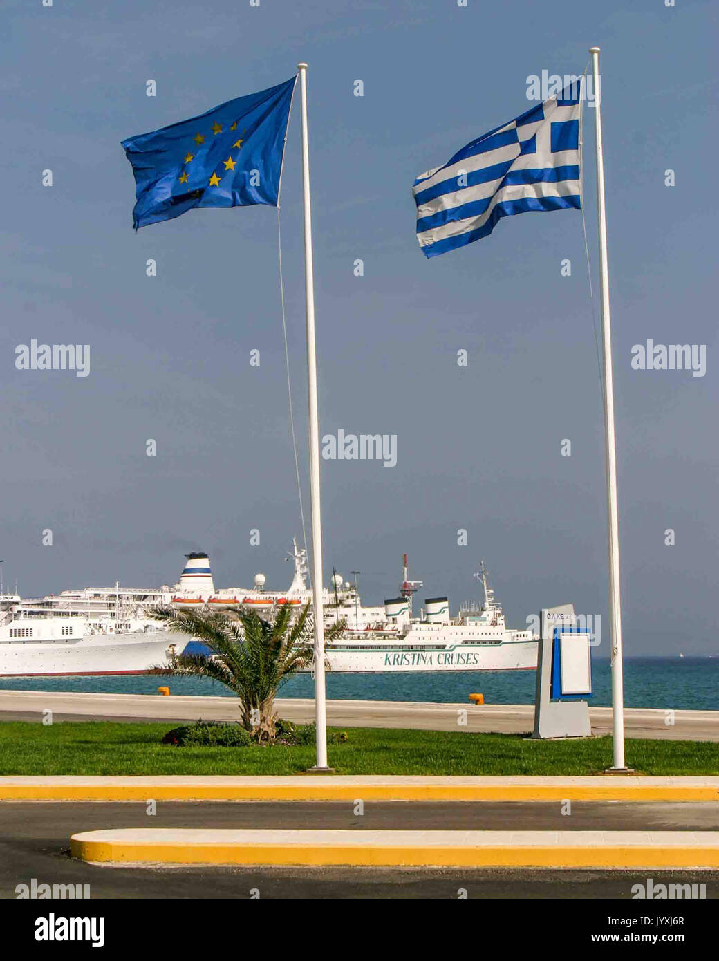 Corfu, Greece. 10th Oct, 2004. The national flag of Greece, and the ...