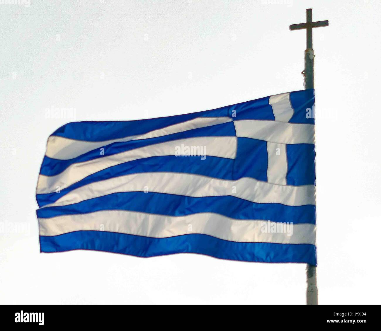 Corfu, Greece. 10th Oct, 2004. The national flag of Greece flies from a ...