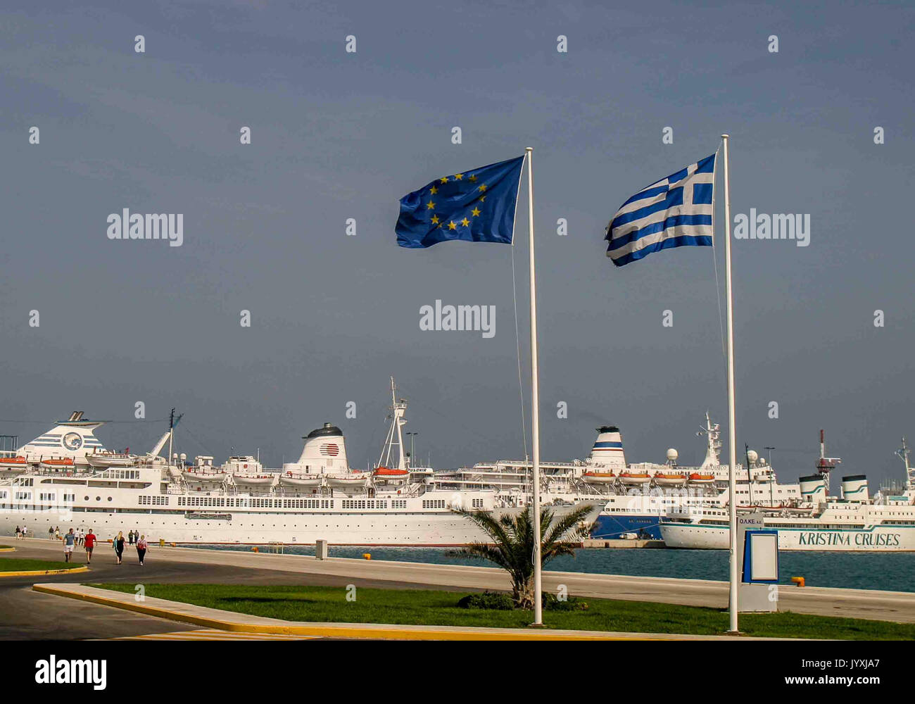 Corfu, Greece. 10th Oct, 2004. The national flag of Greece, and the ...