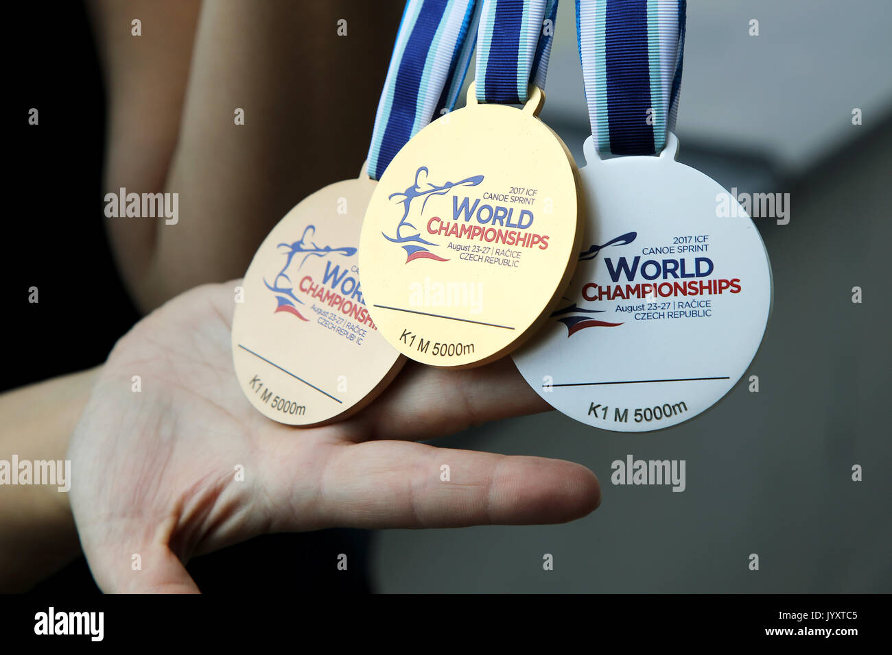 Racice, Czech Republic. 21st Aug, 2017. The medal set for the 2017 ICF ...