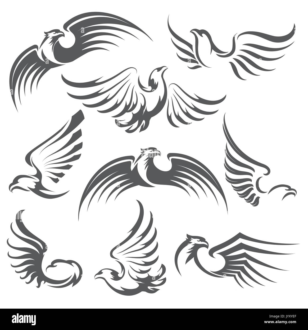 Set of flying eagles icon isolated on white for emblem or logo design ...