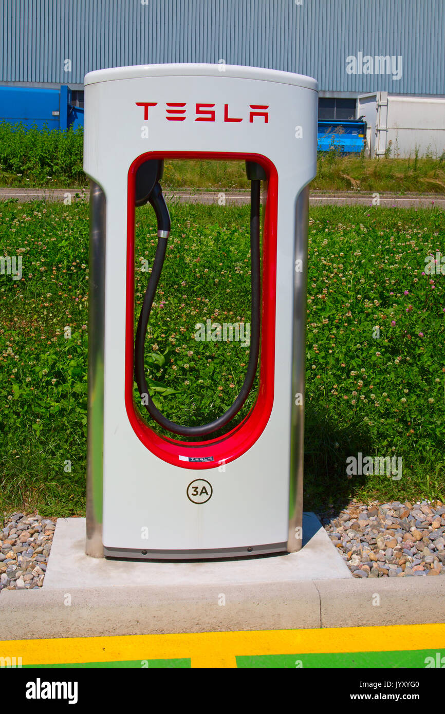 ZURICH - July 30: Tesla Supercharger station on July 30, 2016 in Zurich ...