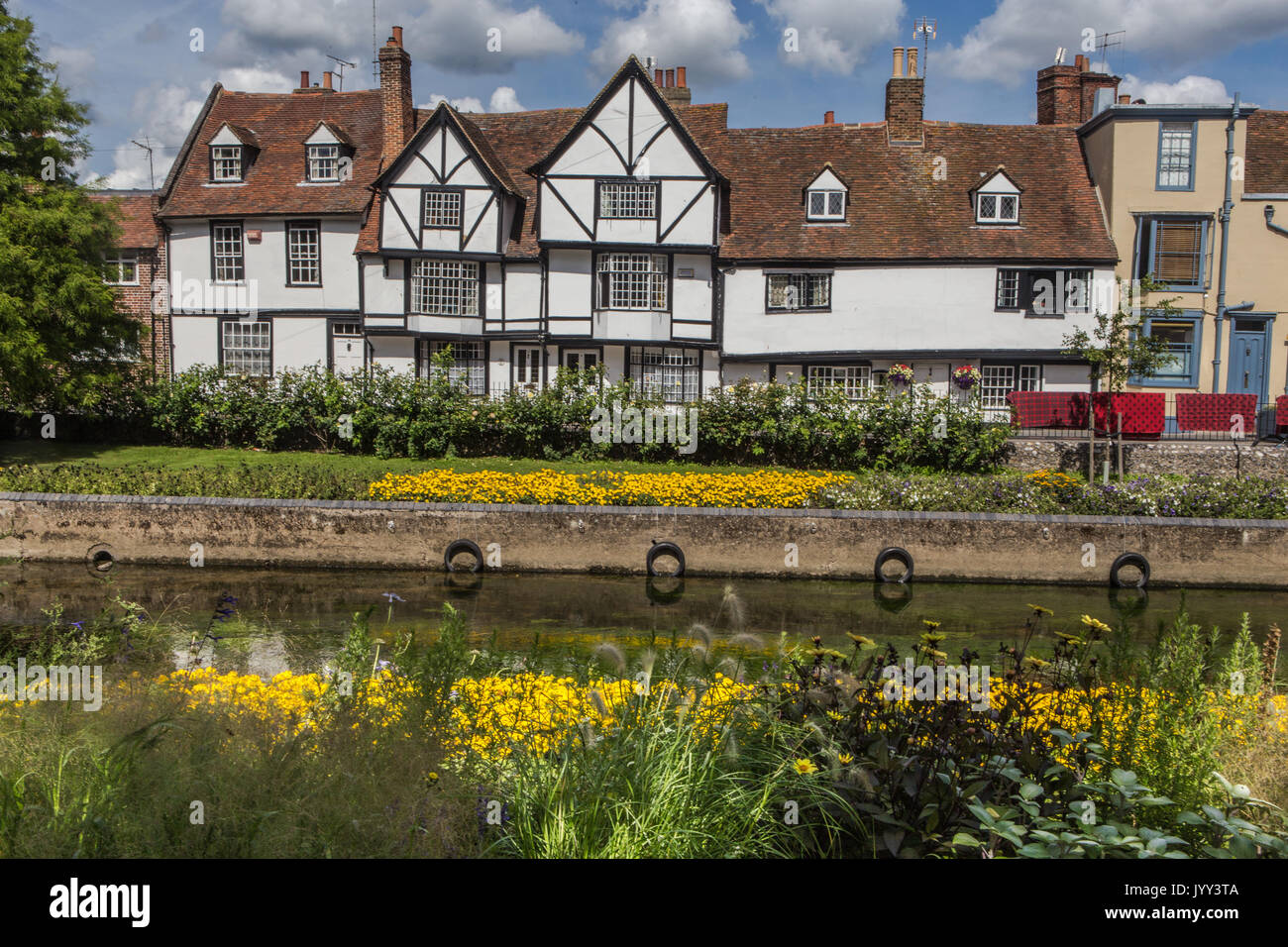 White tudor style houses on the river stour in canterbury Stock Photo ...