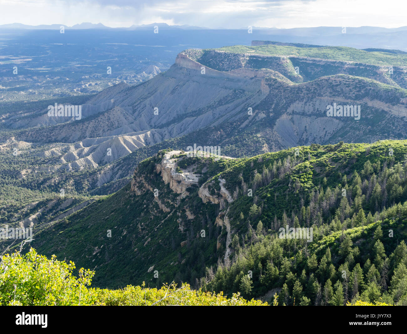 Scenic view from the Mesa Verde elevated plateau across the Mesa Verde ...