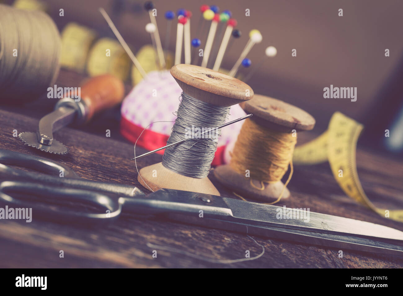 Sewing instruments, threads, needles, bobbins and materials. Studio ...