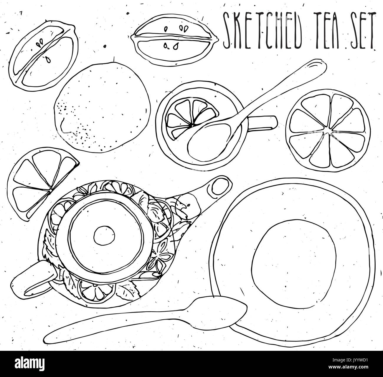 Tea hand draw set - teapot, cup and spoon with lemons, limes. Isolated ...