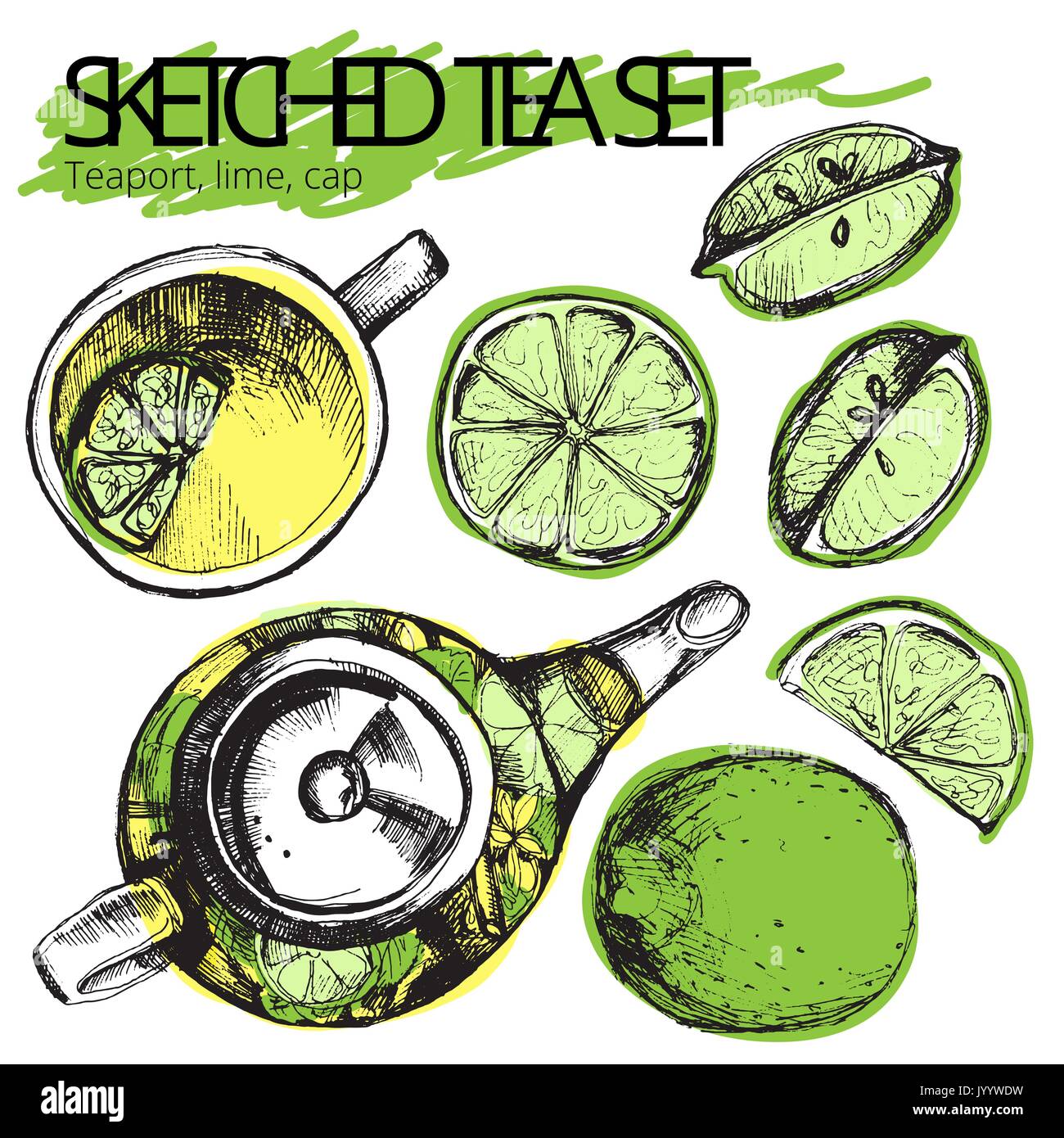 Tea hand draw set - teapot, cup and spoon with lemons, limes. Isolated ...