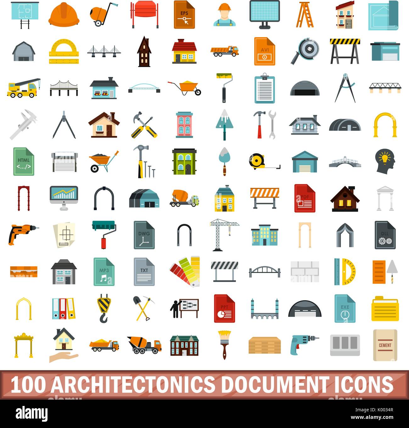 100 architectonics document icons set, flat style Stock Vector Image ...