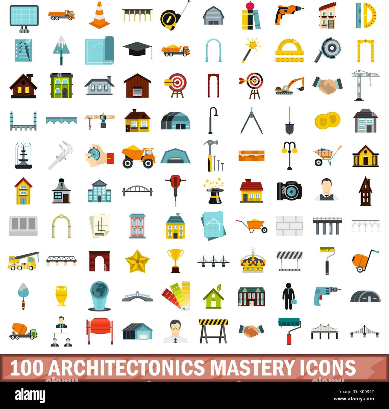 100 architectonics mastery icons set, flat style Stock Vector Image ...