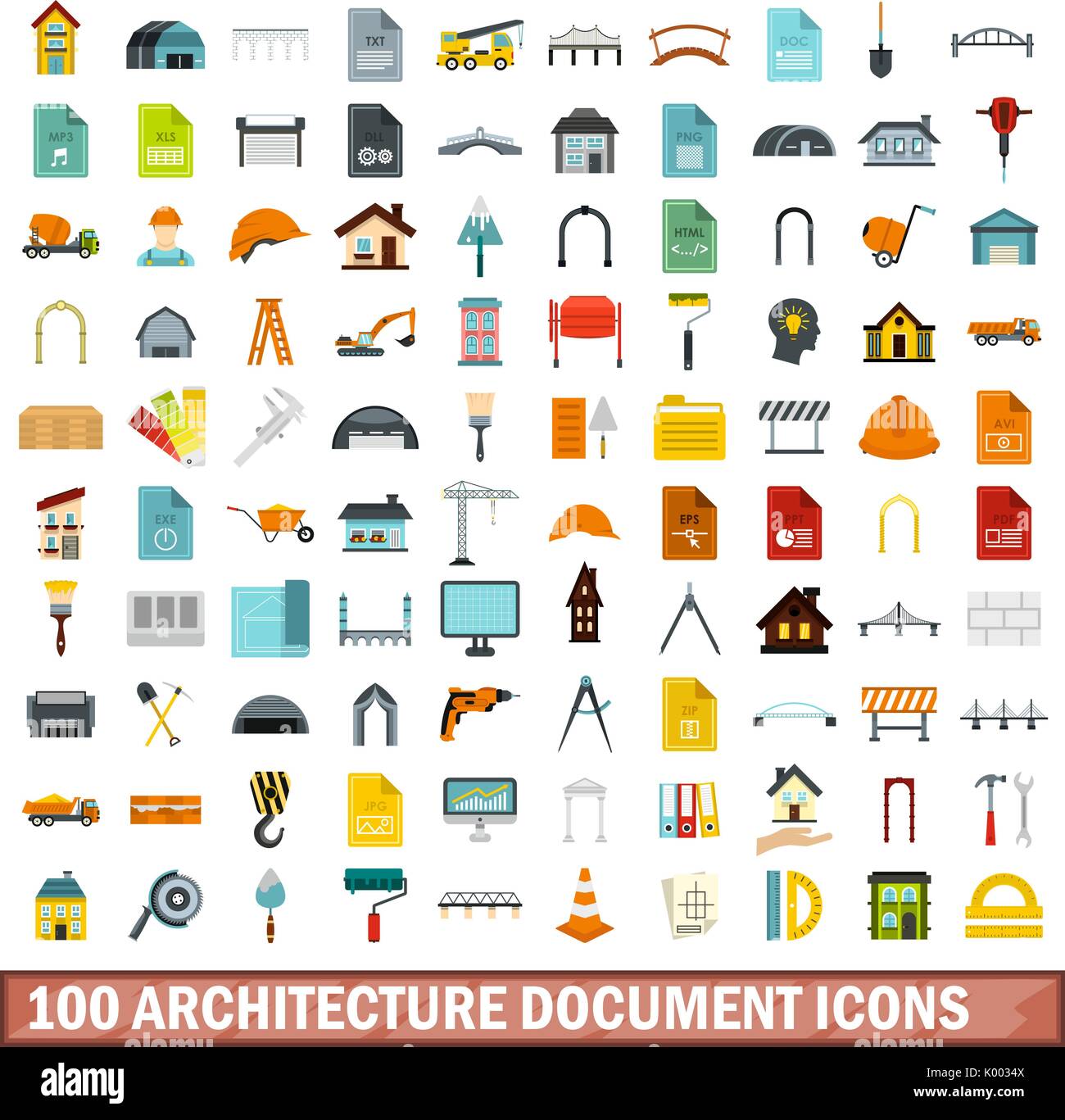 100 architecture document icons set, flat style Stock Vector Image ...