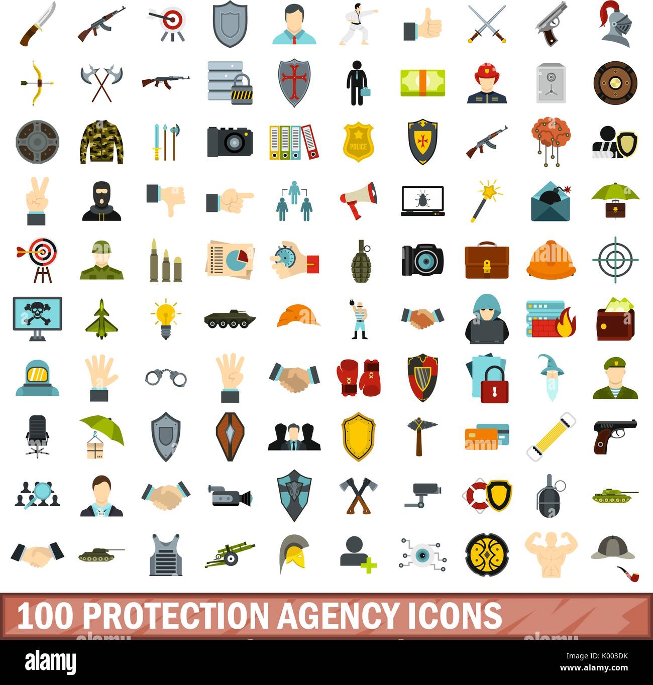 100 protection agency icons set, flat style Stock Vector Image & Art ...