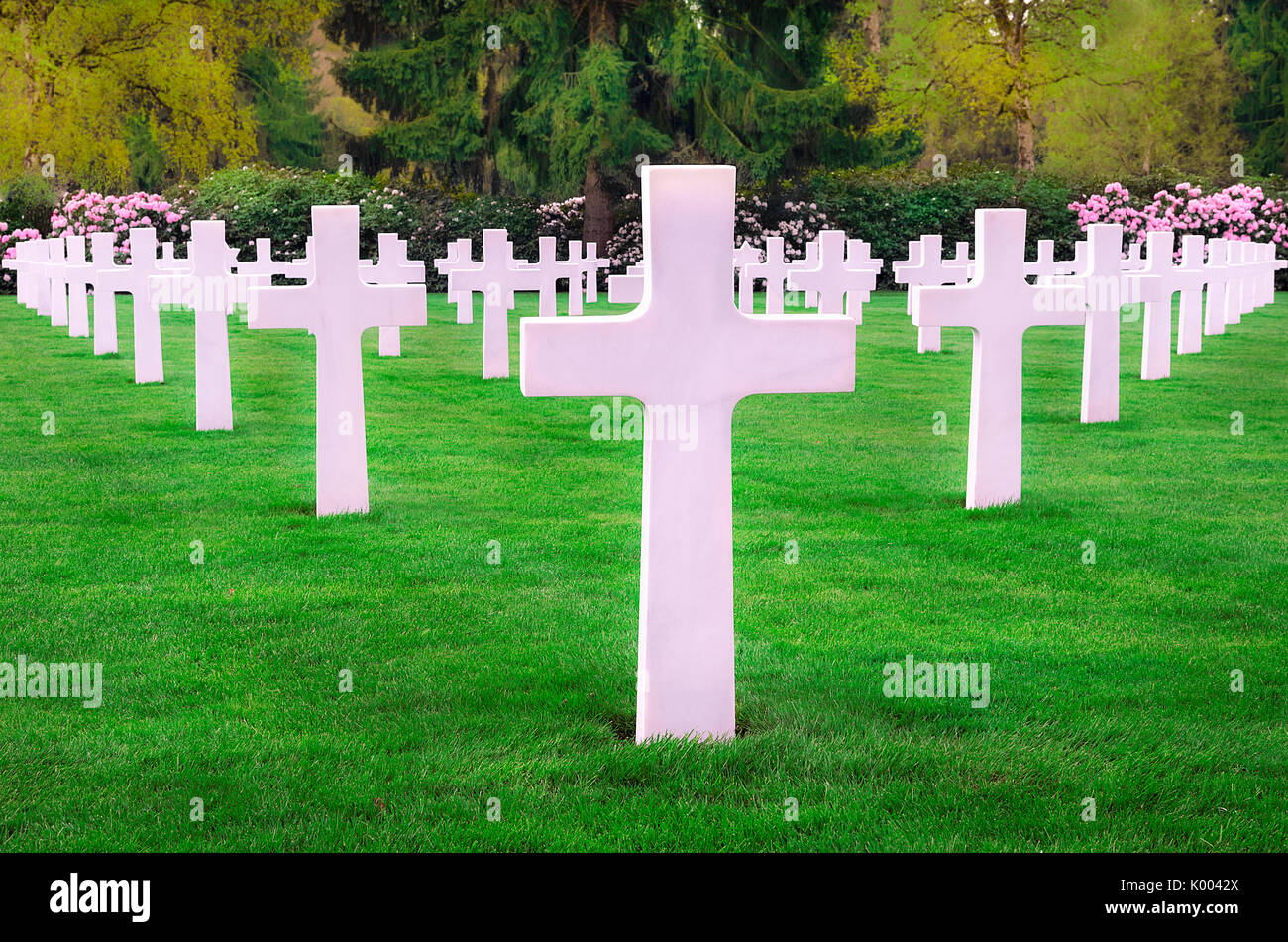 White marble headstones from an American memorial graveyard, displayed ...