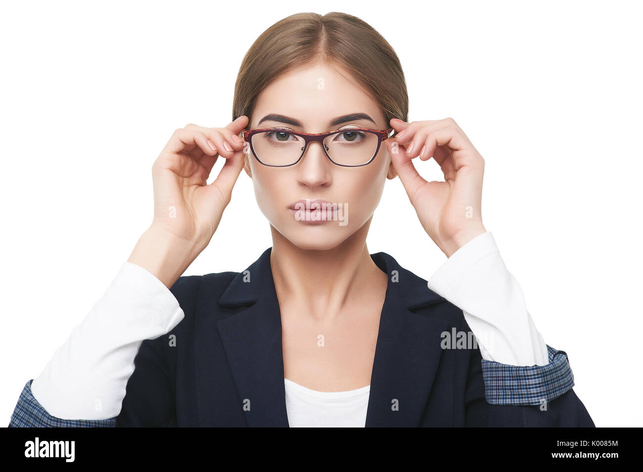 Portrait Of Business Woman Wearing Glasses Holding Frame In Close Up