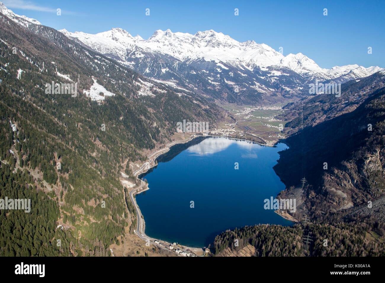 Aerial view of lake of Poschiavo in winter. Poschiavo Valley, Canton of ...