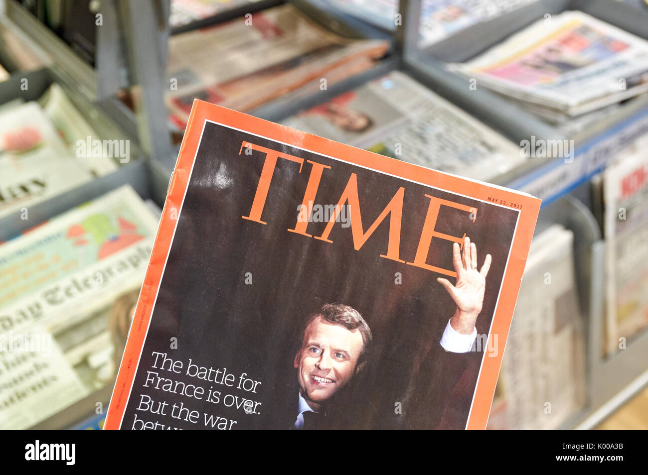 LONDON, ENGLAND - MAY 14, 2017 : Emmanuel Macron on cover page of Time ...