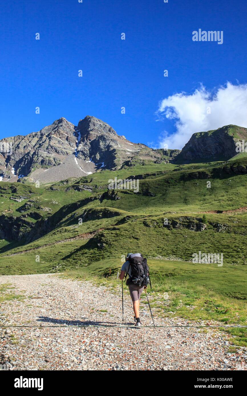Hiker walking through a path in Val Febbraro. Val Febbraro, Vallespluga ...